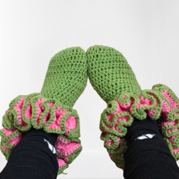 Handmade | Shoes | Handcrafted Green And Pink Ruffle Crochet Slippers ...